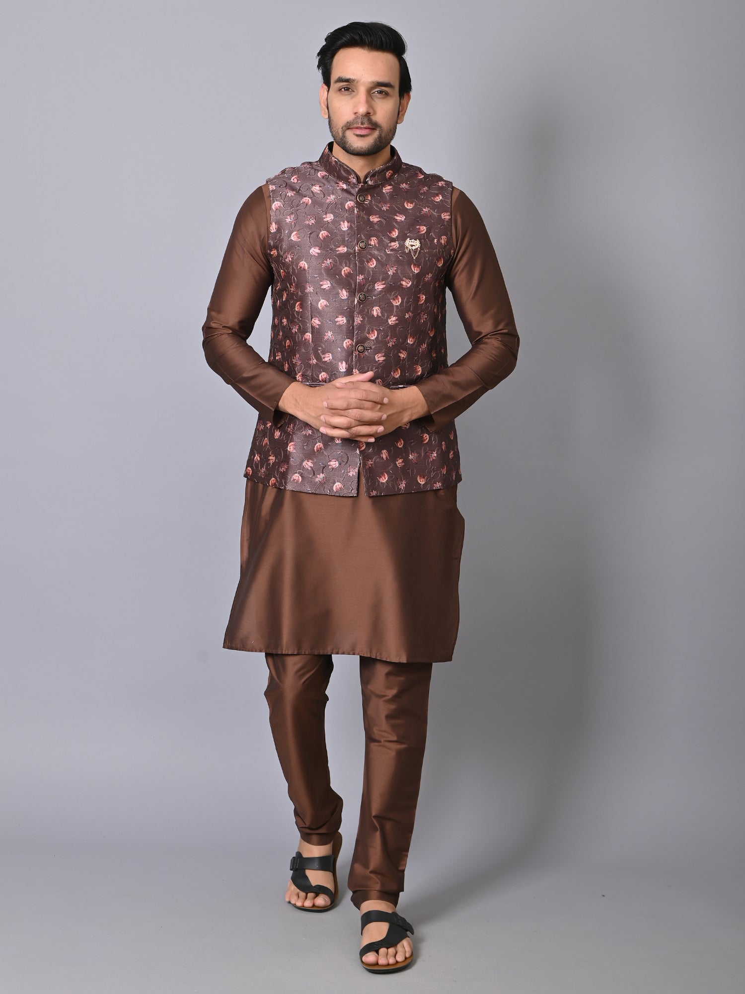 Floral Brown Nehru Jacket – ETHNIC COTLER