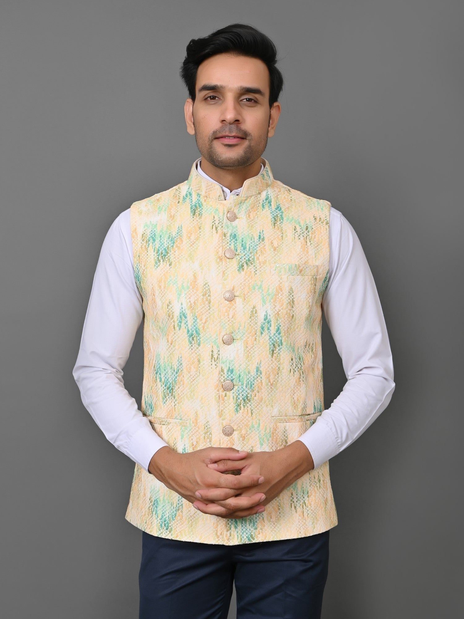Textured Yellow Nehru Jacket – ETHNIC COTLER
